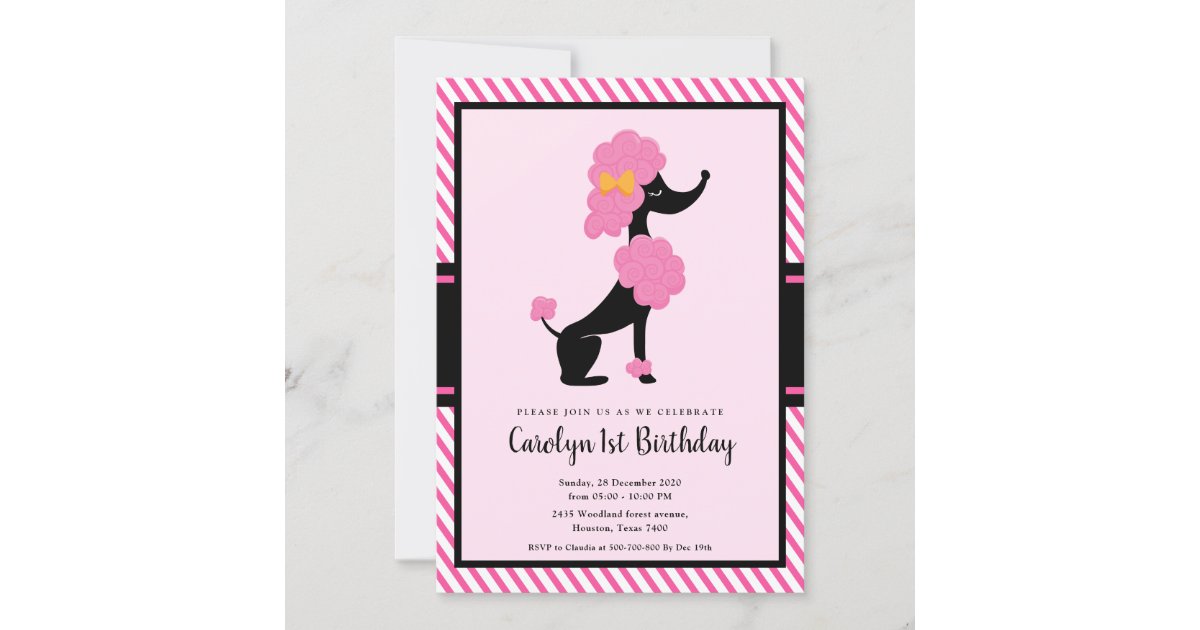 Pink paris poodle first birthday party invitation | Zazzle