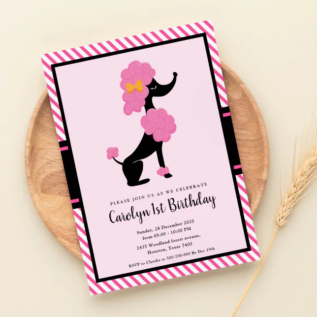 Pink paris poodle first birthday party invitation | Zazzle