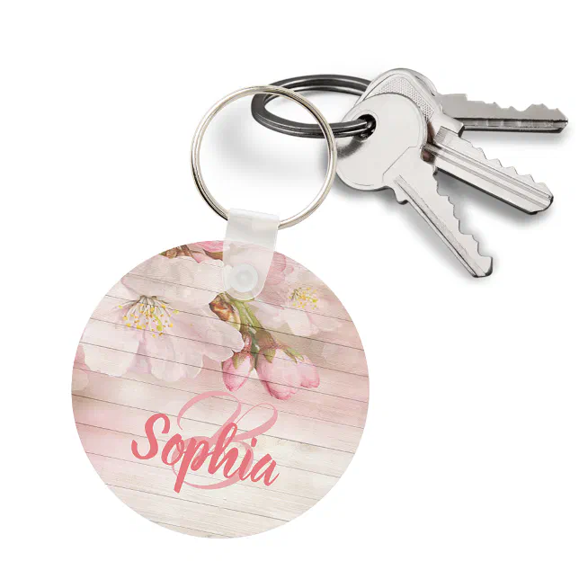 Pink pastel cherry florals monogram keychain | Zazzle