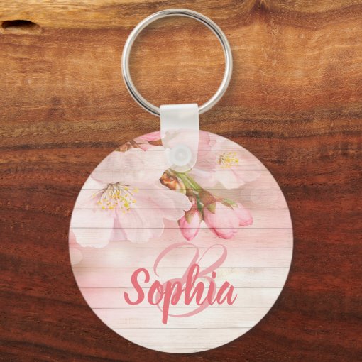 Pink pastel cherry florals monogram keychain | Zazzle