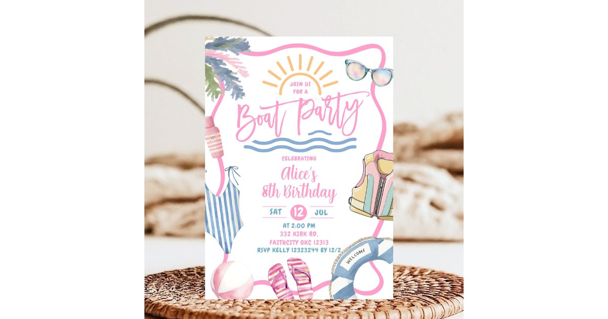 Pink pastel girl boat party birthday invitation | Zazzle