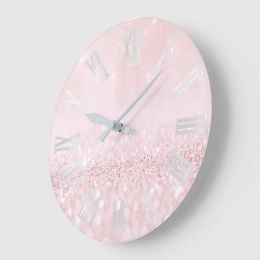 Pink Pastel Girly Glitter Gray Roman Numbers Large Clock | Zazzle