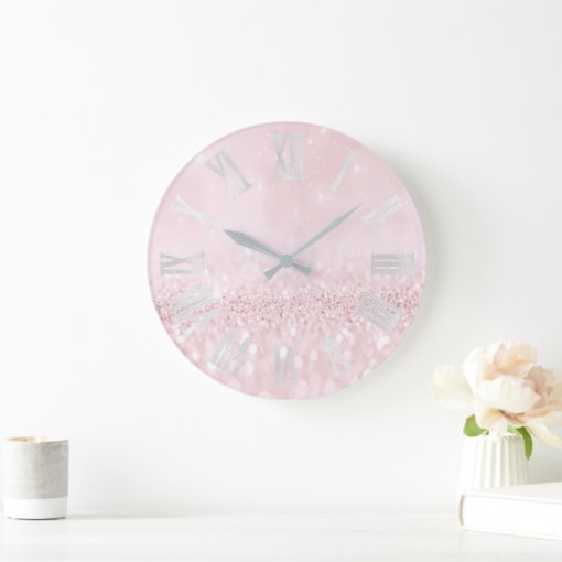 Pink Pastel Girly Glitter Gray Roman Numbers Large Clock | Zazzle