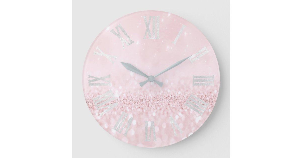 Pink Pastel Girly Glitter Gray Roman Numbers Large Clock | Zazzle