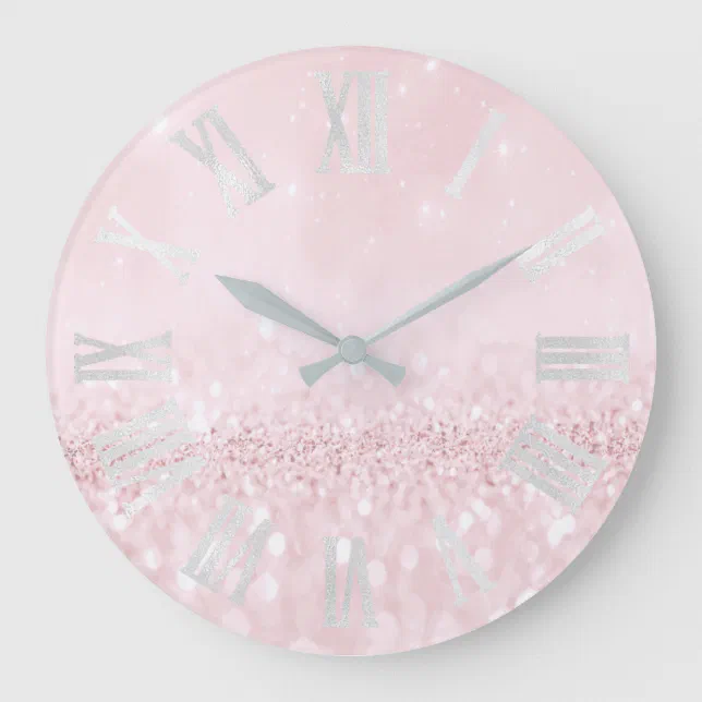 Pink Pastel Girly Glitter Gray Roman Numbers Large Clock | Zazzle