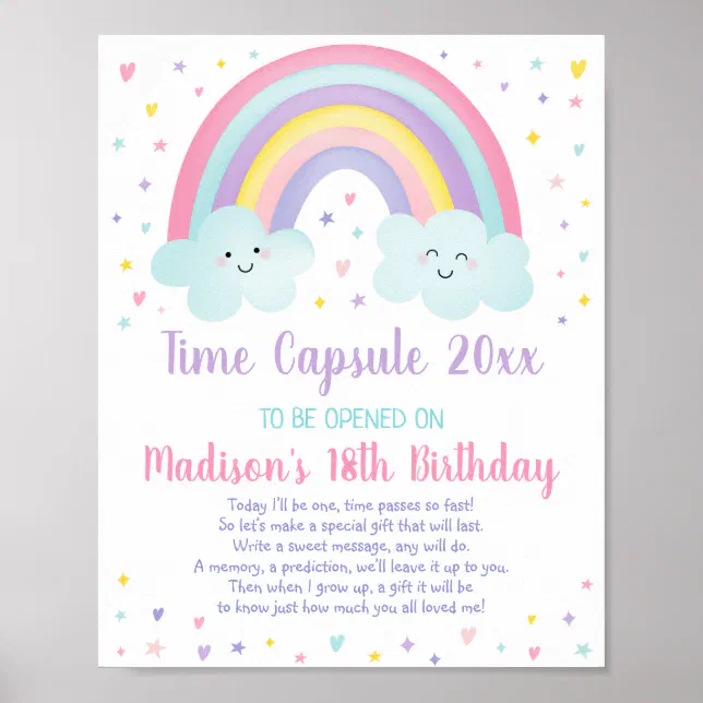 Pink Pastel Rainbow First Birthday Time Capsule Poster | Zazzle