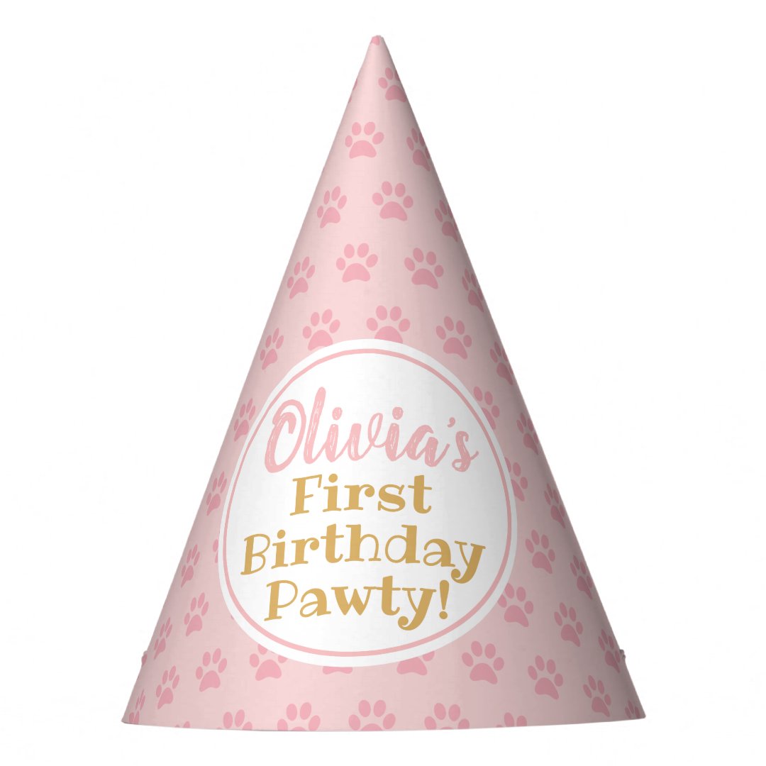 PINK PAW PRINT Girl's Birthday Paper Party Hat | Zazzle