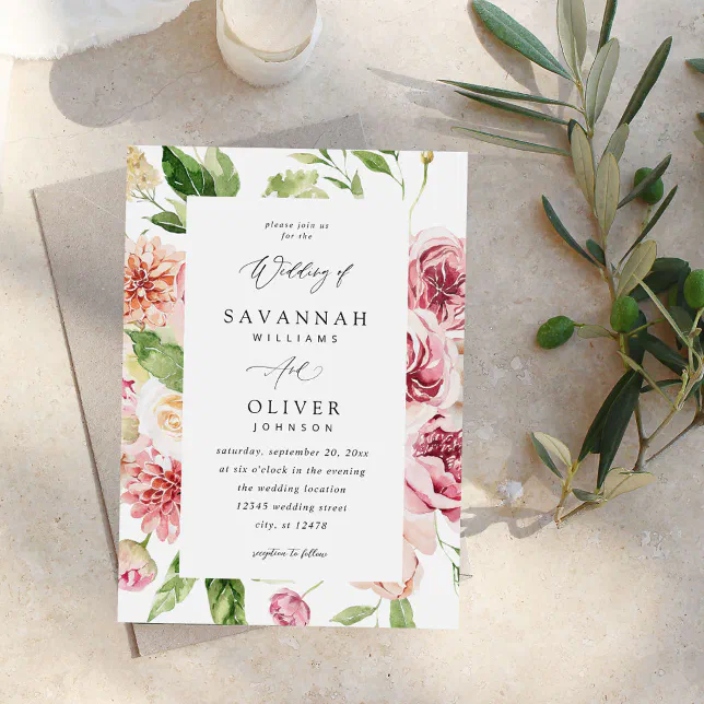 Pink & Peach Floral & Greenery Wedding V2 Invitation | Zazzle