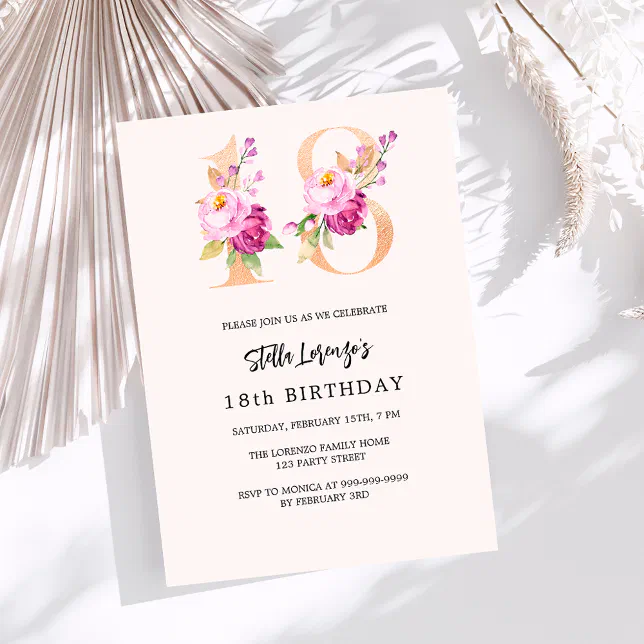 Pink peach floral numbers gold 18th birthday invitation | Zazzle