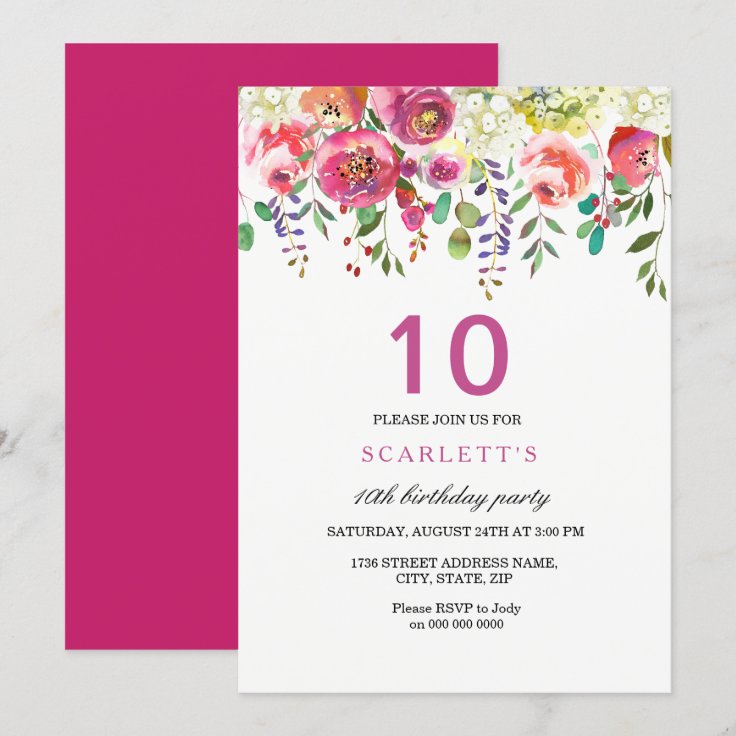 Pink Peach Flowers 10th Birthday Party Invitation | Zazzle