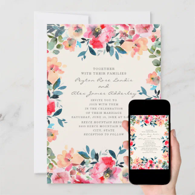 Pink Peach Ivory Spring Floral Wedding Invitation | Zazzle