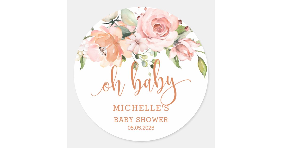 Pink peach roses Baby Shower Classic Round Sticker | Zazzle