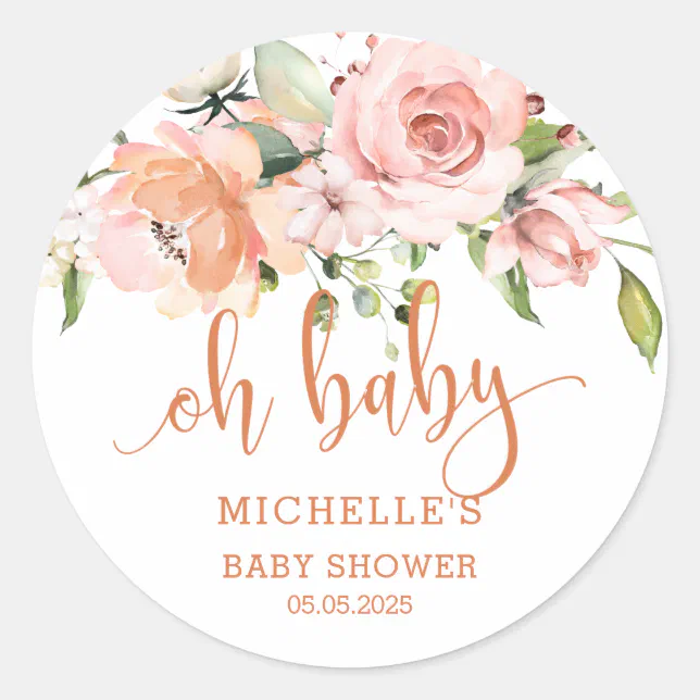 Pink peach roses Baby Shower Classic Round Sticker | Zazzle