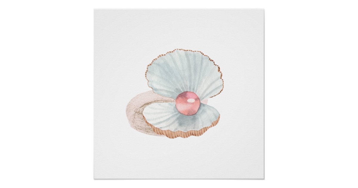 Pink Pearl in Clam Shell Watercolor Poster Print | Zazzle