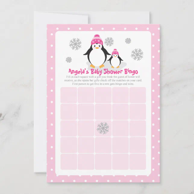 Pink Penguin Baby Shower Bingo Card | Zazzle