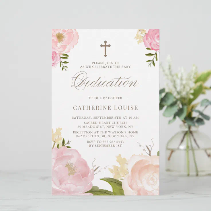 Pink Peonies Floral Baby Dedication Invitation | Zazzle
