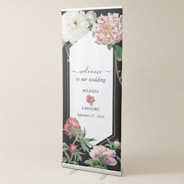 Pink Peonies Flowers Wedding Welcome Black Retractable Banner | Zazzle