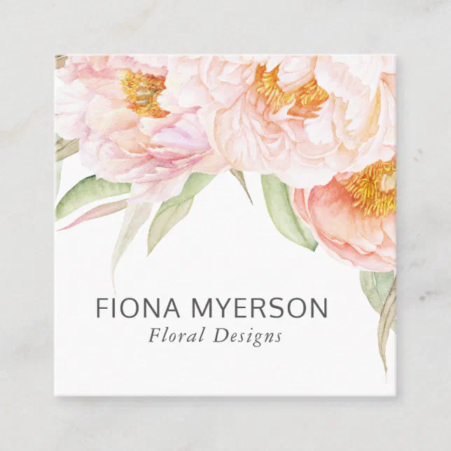 Pink Peonies Watercolor Floral Square Business Card | Zazzle