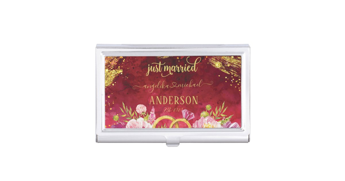 Pink Peonies Wedding Ring Red Gold Just Married Business Card Case | Zazzle