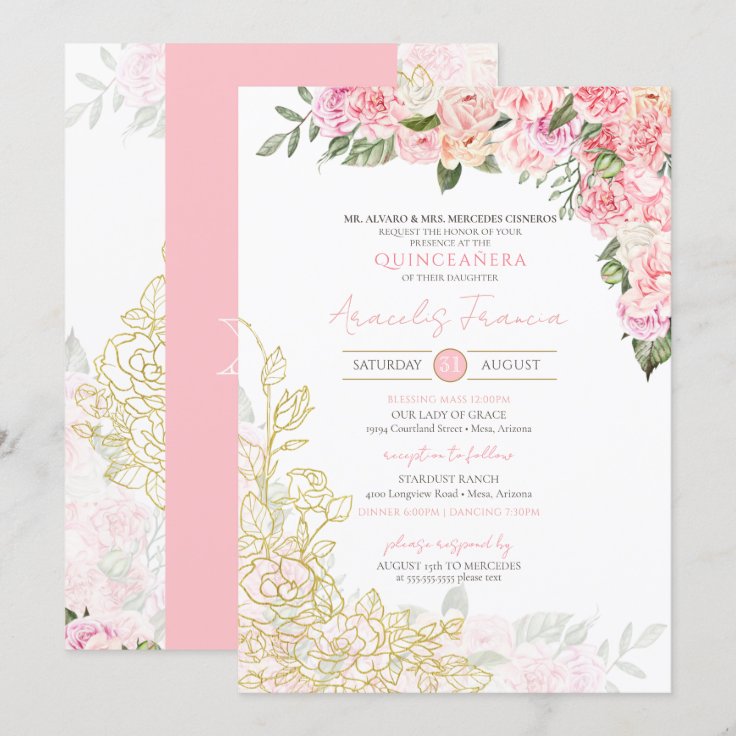 Pink Peony and Gold Floral Quinceanera Quince Anos Invitation | Zazzle