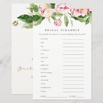 Pink Peony Floral Bridal Shower Word Scramble Game | Zazzle