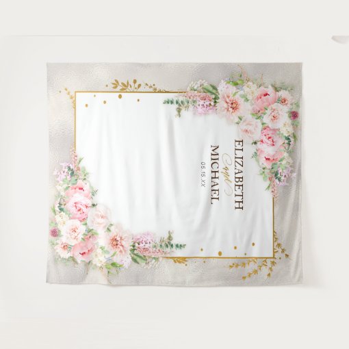 Pink Peony Floral Gold Script & Frame Backdrop | Zazzle