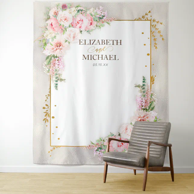 Pink Peony Floral Gold Script & Frame Backdrop | Zazzle