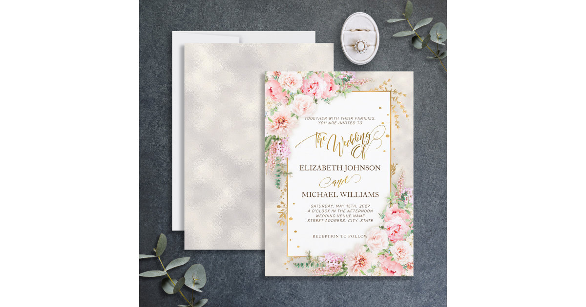 Pink Peony Floral Gold Script & Frame Invitation | Zazzle