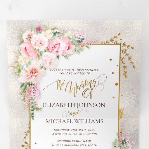 Pink Peony Floral Gold Script & Frame Tri-Fold Invitation | Zazzle