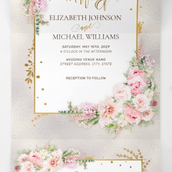 Pink Peony Floral Gold Script & Frame Tri-Fold Invitation | Zazzle