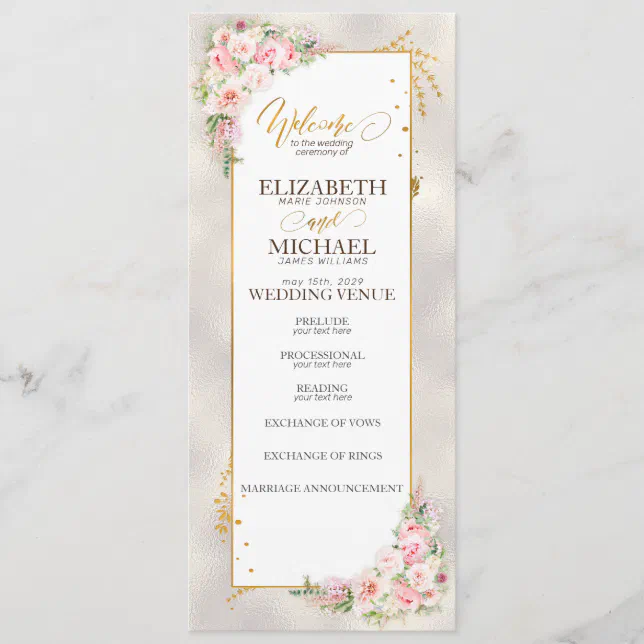 Pink Peony Floral Gold Script & Frame Wedding Program | Zazzle