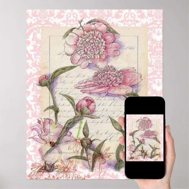 Pink Peony Flower Pen and Ink Art Collage Drawing Poster | Zazzle