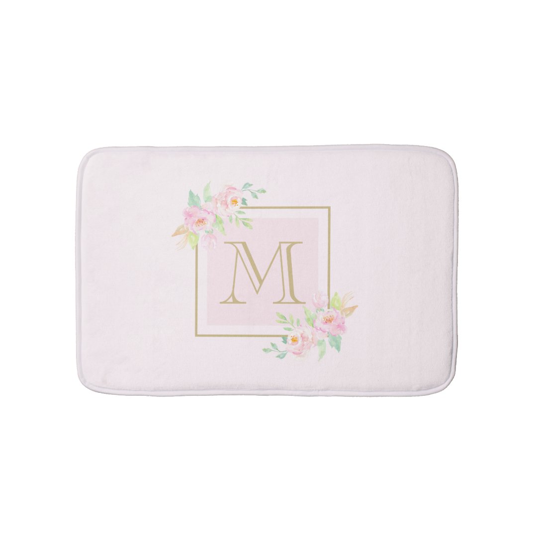 Pink Peony Personalized Monogram Bath Mat | Zazzle