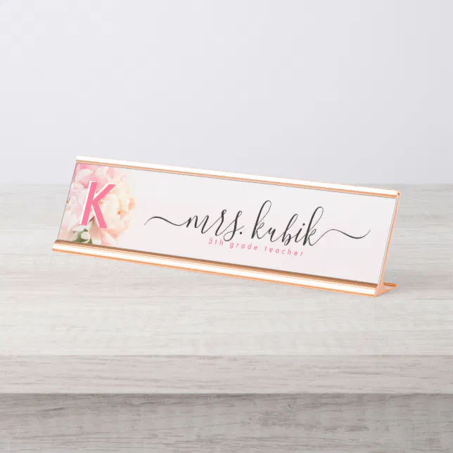 Pink Peony Rose Gold Teacher Desk Name Plate | Zazzle