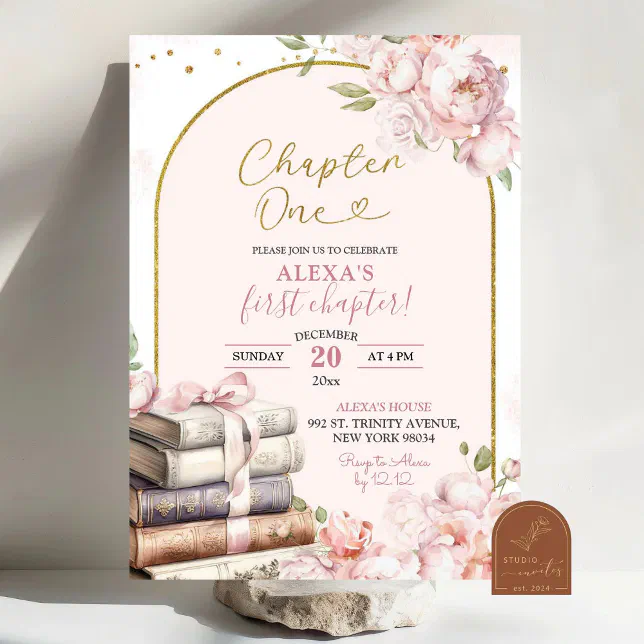 Pink Peony Storybook Chapter One 1st Birthday Invitation | Zazzle