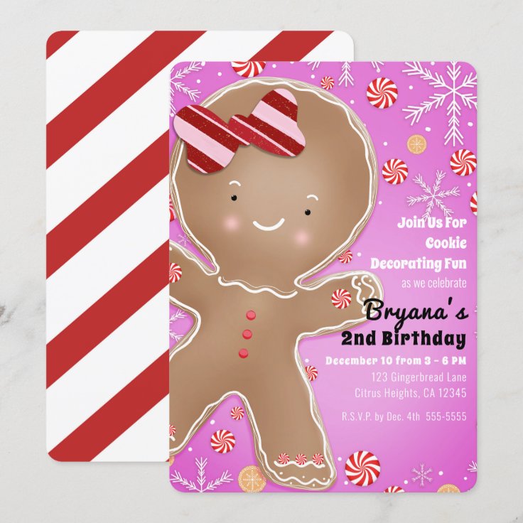 Pink Peppermint Gingerbread Man Holiday Birthday Invitation | Zazzle