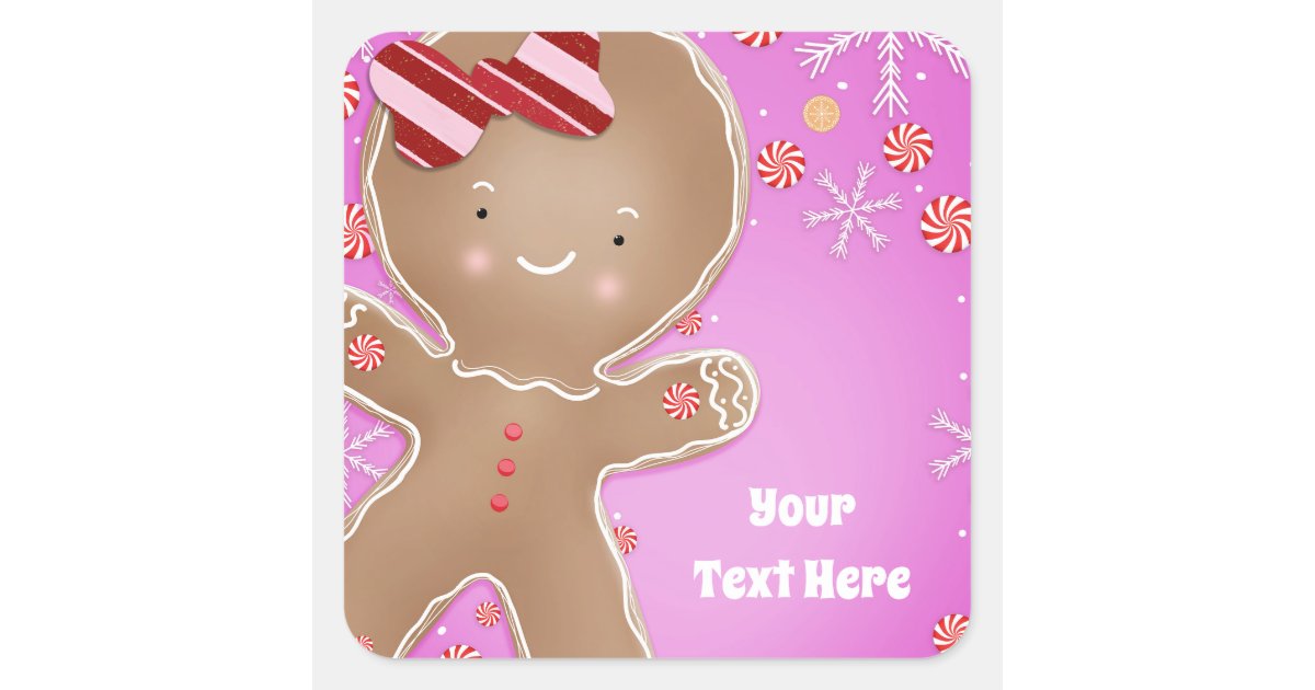 Pink Peppermint Gingerbread Man Holiday Party Square Sticker | Zazzle