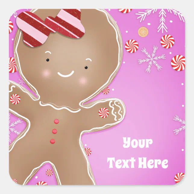 Pink Peppermint Gingerbread Man Holiday Party Square Sticker | Zazzle