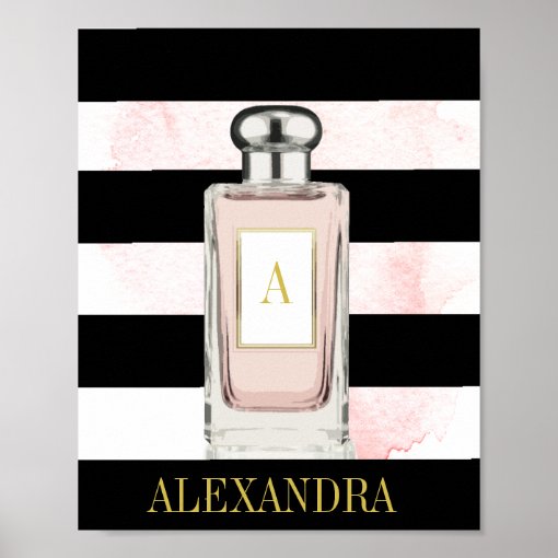 Pink Perfume Bottle Black Stripe Chic Monogram Poster | Zazzle