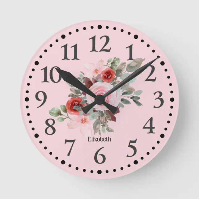 Pink Personalized Beautiful Floral Round Clock | Zazzle