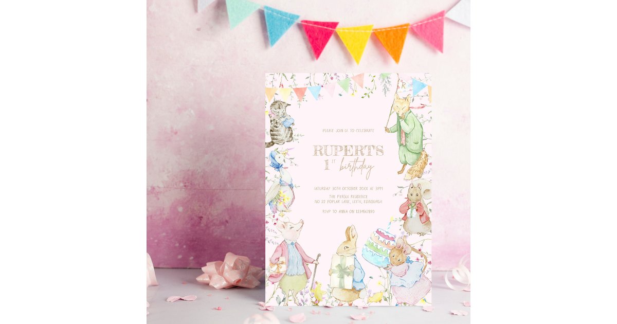 Pink Peter the Rabbit First Birthday Invitation | Zazzle