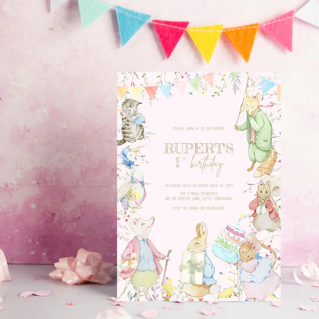 Pink Peter the Rabbit First Birthday Invitation | Zazzle