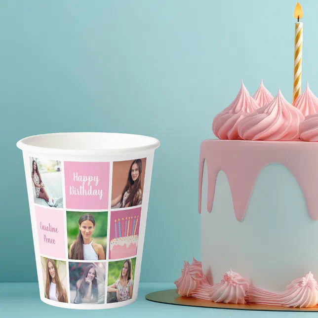 Pink Photo Collage Custom Women's Birthday Party Paper Cups | Zazzle