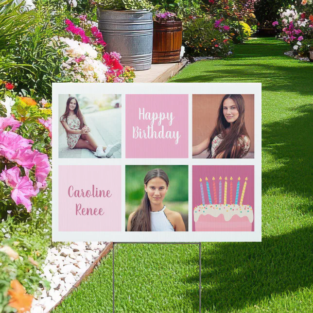 Pink Photo Collage Women's Birthday Party Yard Sign | Zazzle