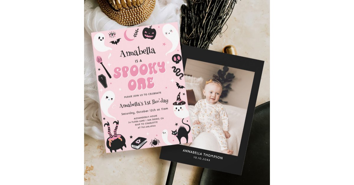 Pink Photo Halloween Spooky One 1st Birthday Invitation | Zazzle