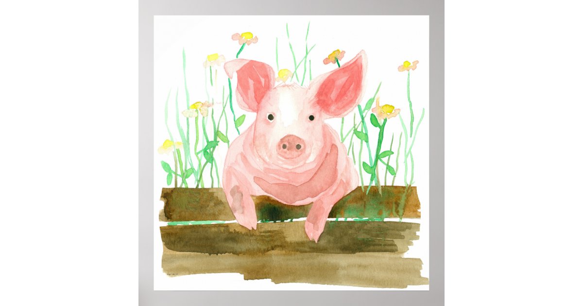 Pink Pig On A Fence Barnyard Farm Animal Poster | Zazzle