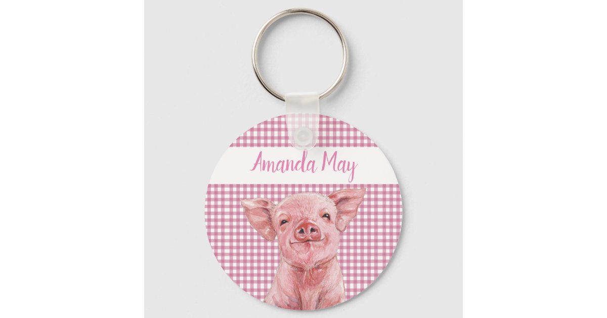 Pink Pig Watercolor Gingham Plaid Monogram Keychain | Zazzle