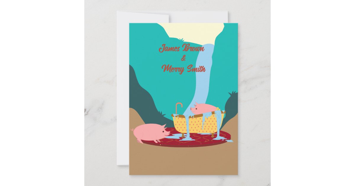 Pink Pigs Waterfall Carpet Bathtub Wedding Invitation | Zazzle