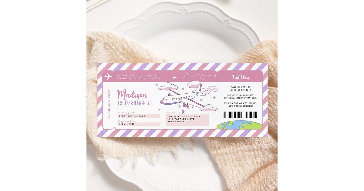 Pink Plane Boarding Pass Birthday Ticket Invitation | Zazzle