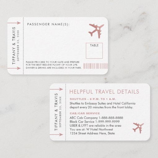 Pink Plane Ticket Boarding Pass Place Escort Card | Zazzle